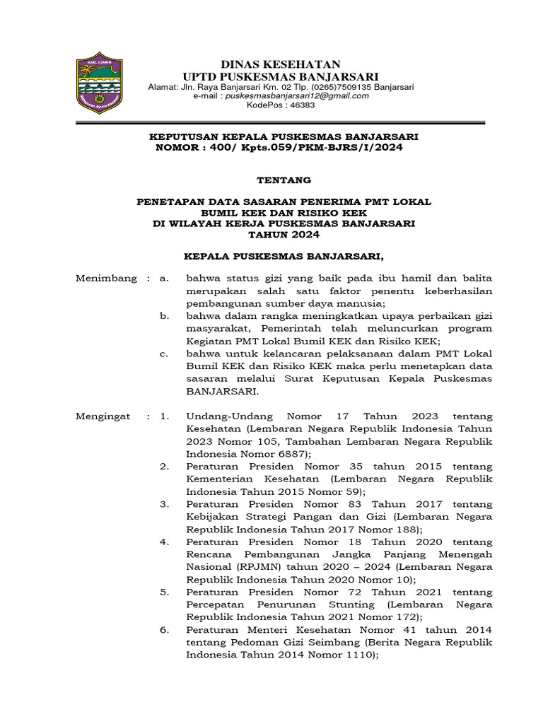 Penetapan Sasaran PMT Bumil KEK 2024 | PDF
