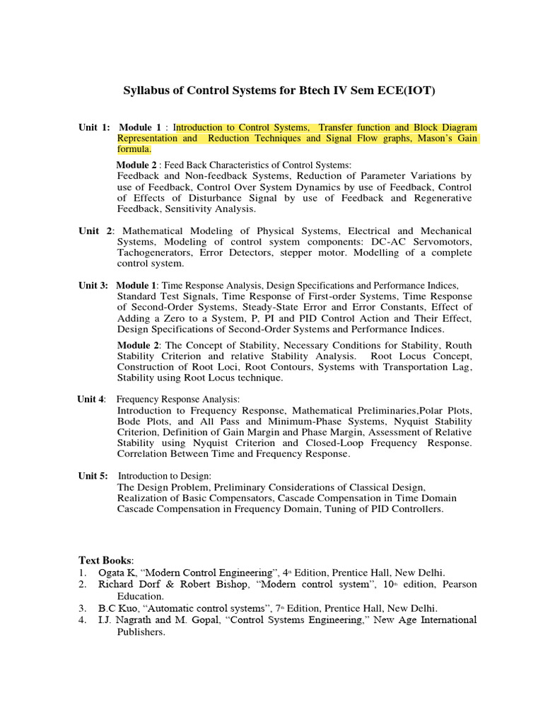 Control Systems Syllabus for ECE IV Sem | PDF | Control Theory ...