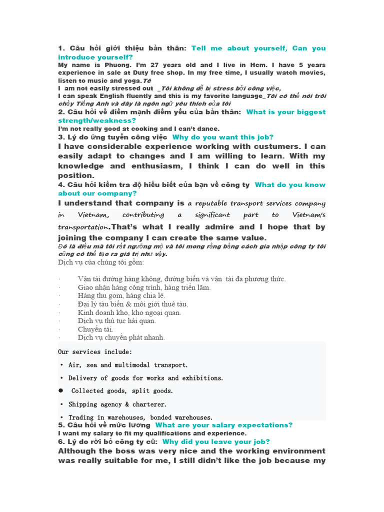 Câu H I Gi I Thi U B N Thân:: Tell Me About Yourself Can You Introduce Yourself? | PDF