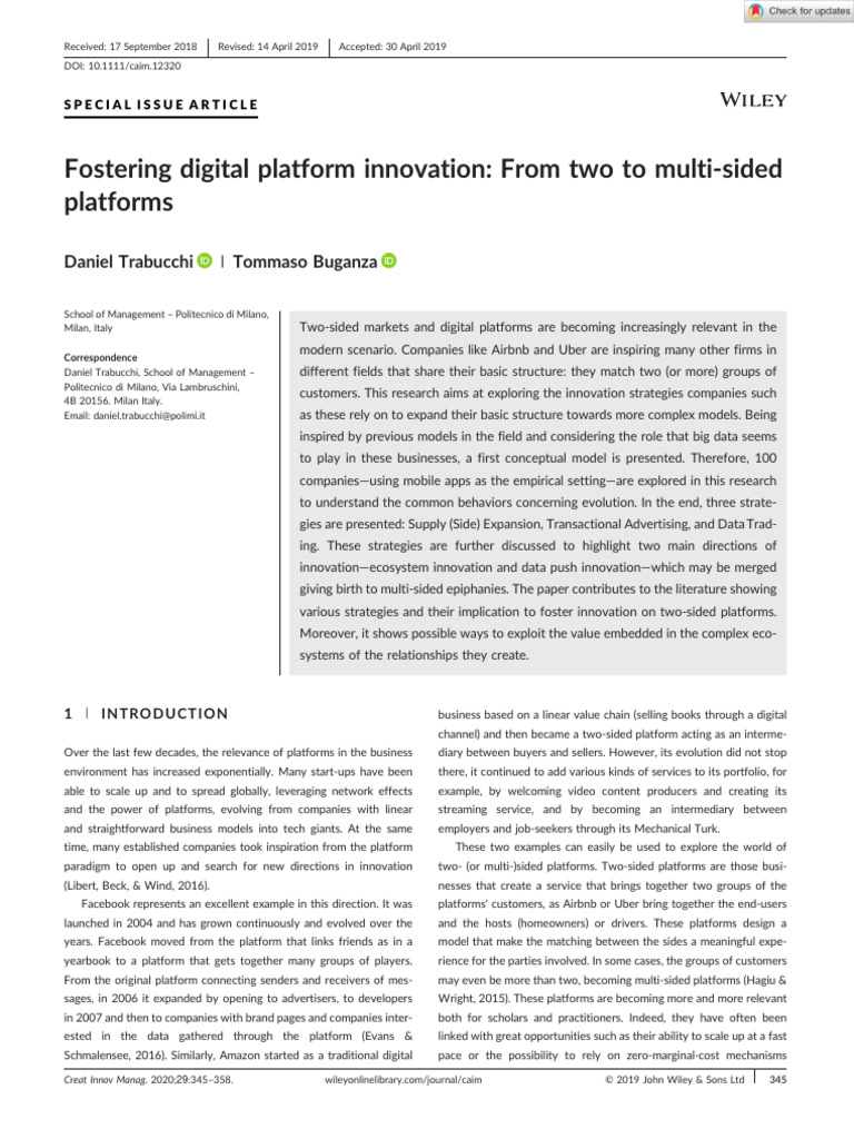 Creat Innov Manage - 2019 - Trabucchi - Fostering Digital Platform Innovation From Two To Multi ...