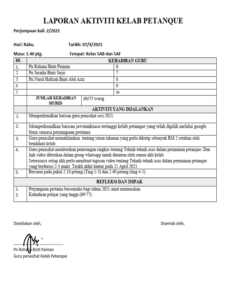 Laporan Aktiviti Petanque 2-2021 | PDF