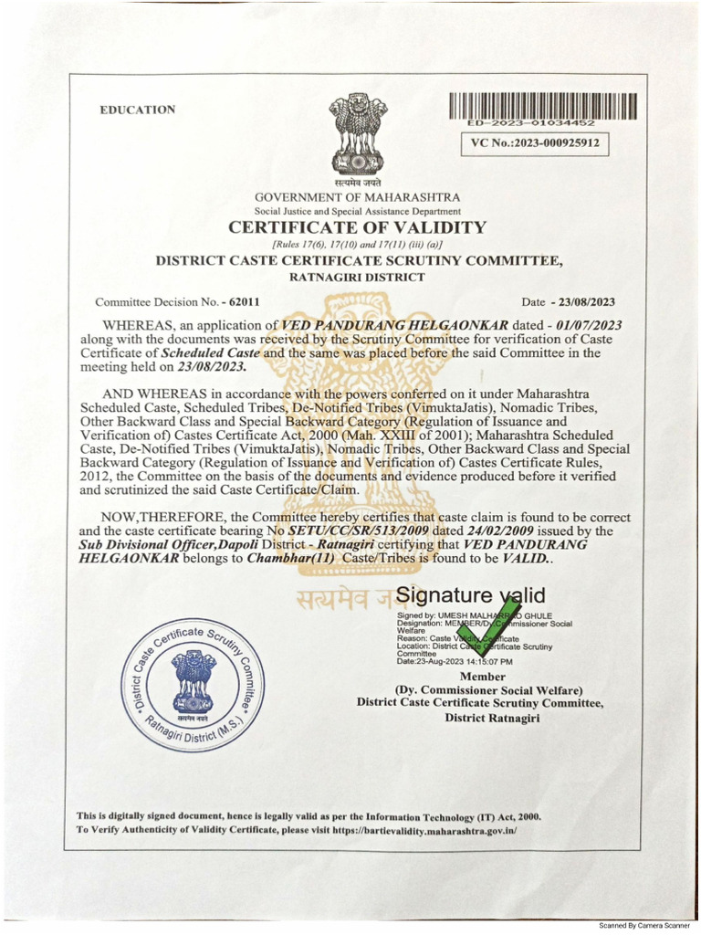 Ved Caste Validity Original Certificate | PDF
