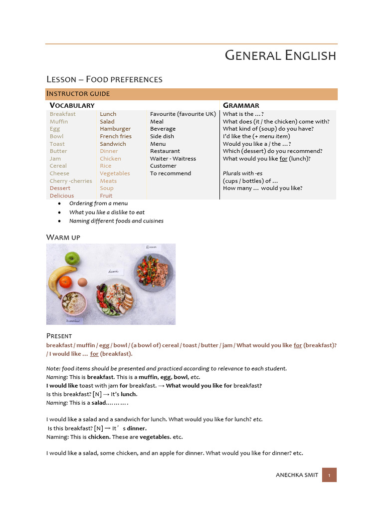 Food Preferences Lesson Plan Guide | PDF | Lunch | Meal
