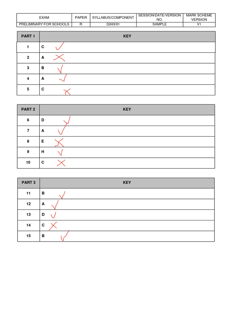 B1 Preliminary Schools 2020 Sample Tests Reading - Answers - Note | PDF