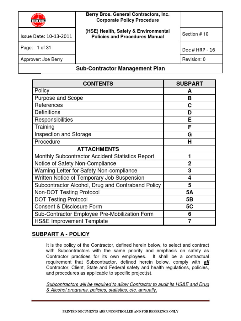 Subcontractor Safety Management Plan | PDF | Drug Test | General Contractor