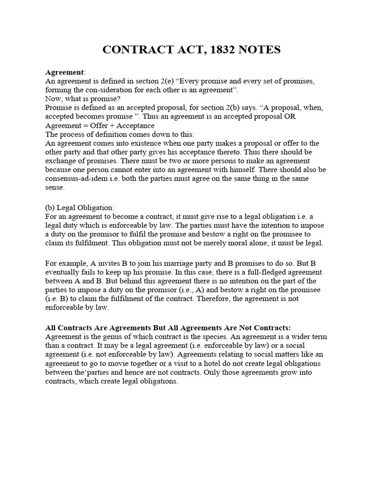 BBA 201 Unit 1 Contract Act Notes | PDF | Consideration | Civil Law ...