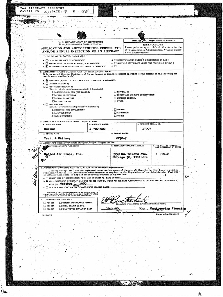 Boeing 720 N7201U The Starship FAA Airworthiness Records | PDF