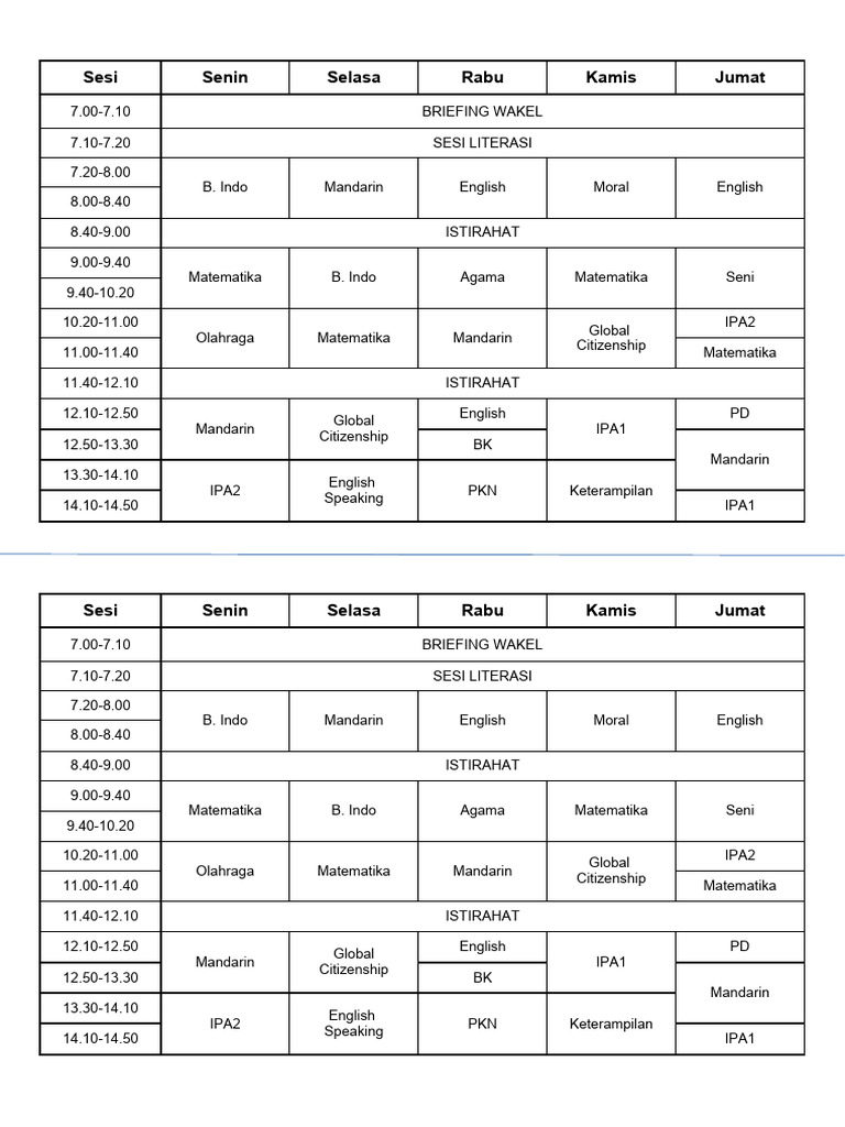 Timetable Monday To Friday 2 On 1 Page | PDF
