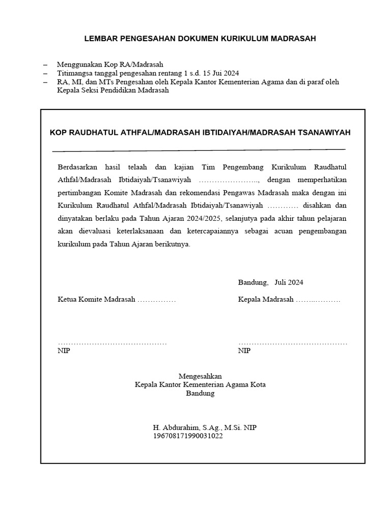 Lembar Pengesahan Dokumen Kurikulum Madrasah | PDF