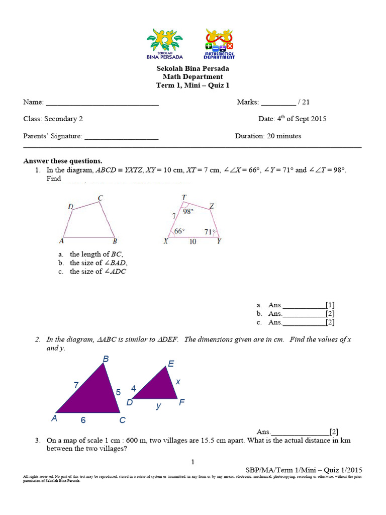 S2 2015-2016 Term 1,Mini-Quiz 1 | PDF | Physics