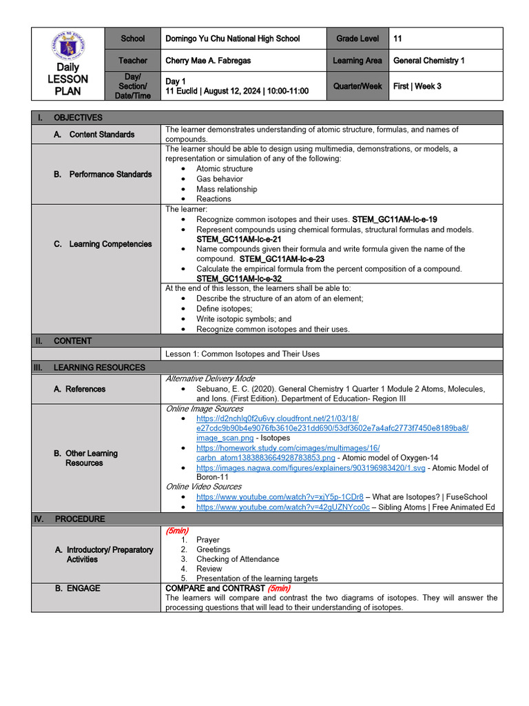 GenChem 1 LP Week 3 Day 1 | PDF | Isotope | Chemical Elements