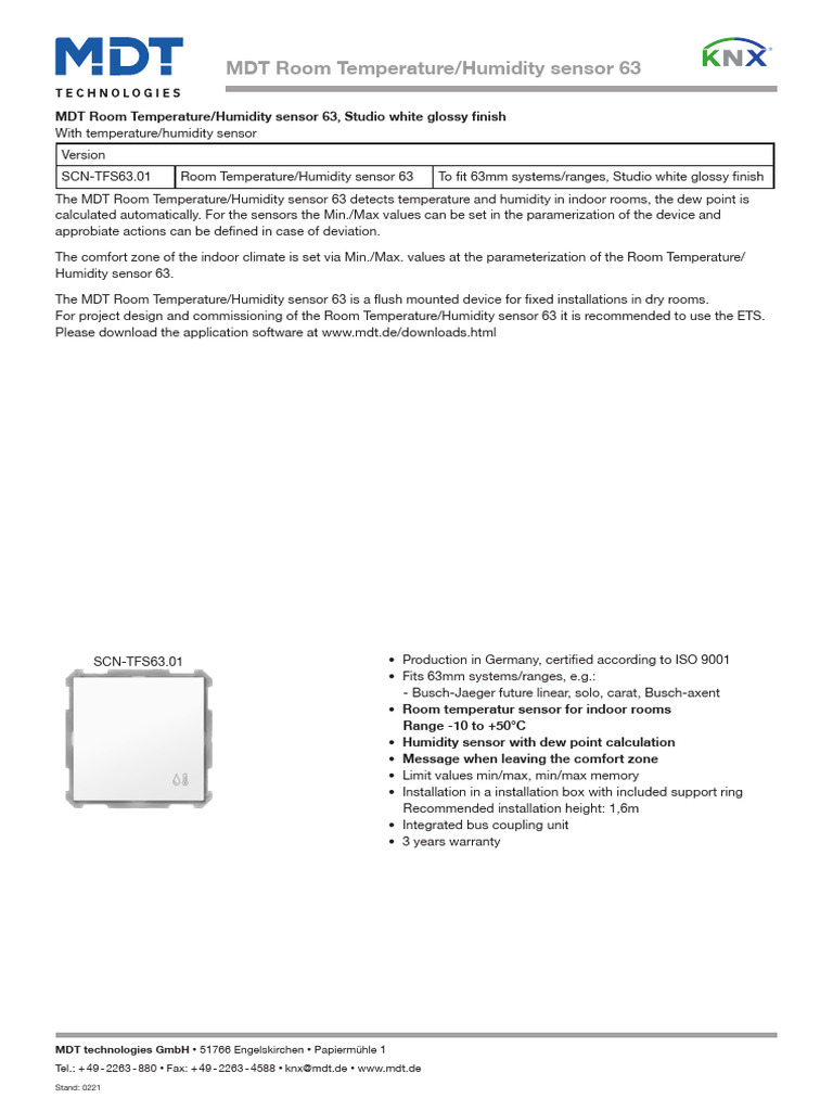 MDT DS Room Temperature Humidy Sensor 63 01 | PDF | Humidity | Sensor