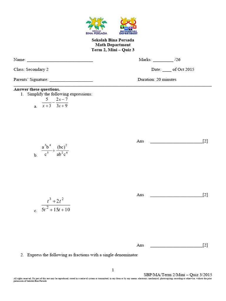 S2 2015-2016 Term 2, Mini-Quiz 3e | PDF | Mathematics