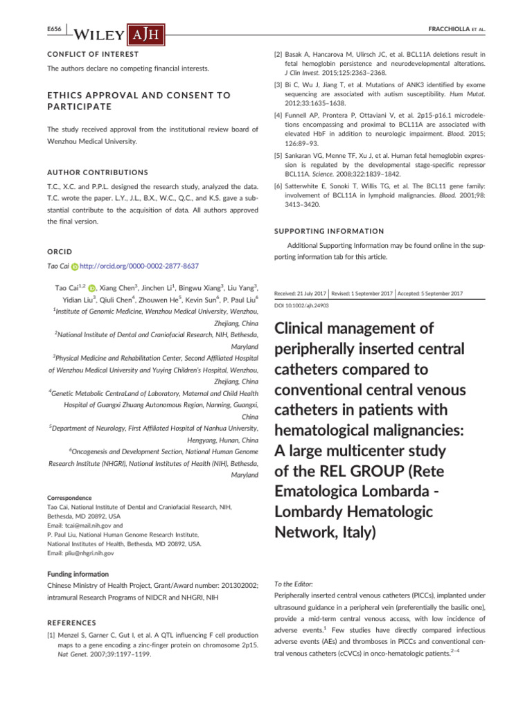 American J Hematol - 2017 - Fracchiolla - Clinical Management of Peripherally Inserted Central ...