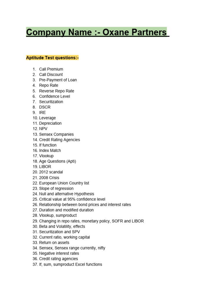 Oxane Partners Interview Questions For FP | PDF | Bond Duration | Debt
