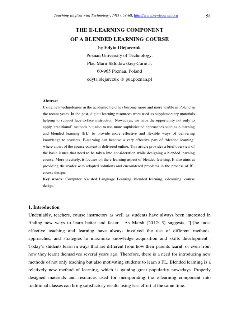 The e Learning Component of A Blend | PDF | Educational Technology | Learning