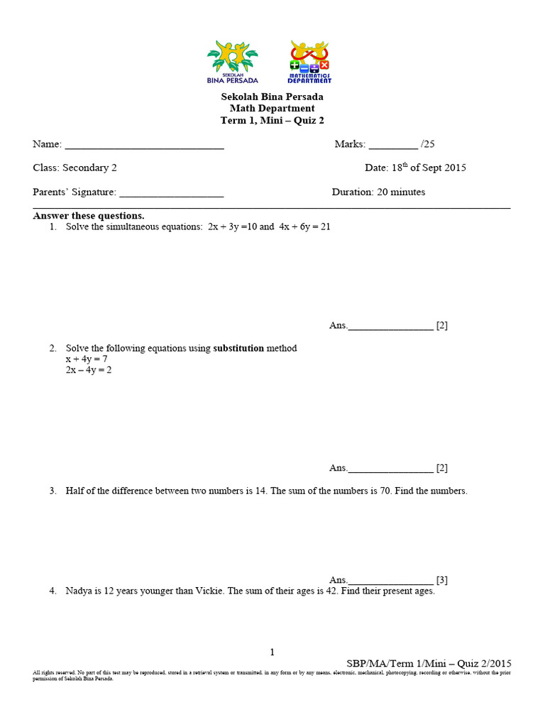Secondary 2 Math Quiz | PDF | Mathematics | Algebra