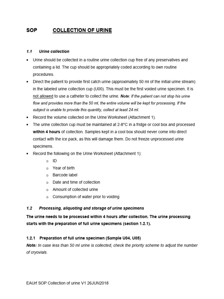 Urine Collection and Processing SOP | PDF | Urine | Urination