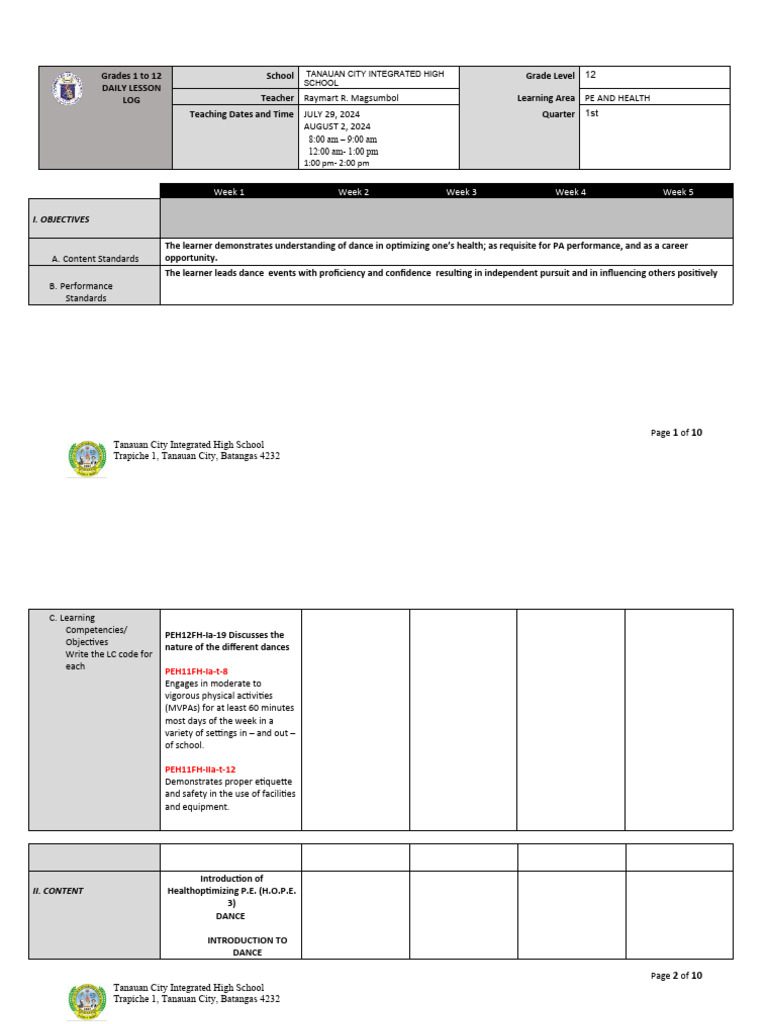 Dll-Pe-Health-12 Week 1 | PDF | Physical Education | Curriculum