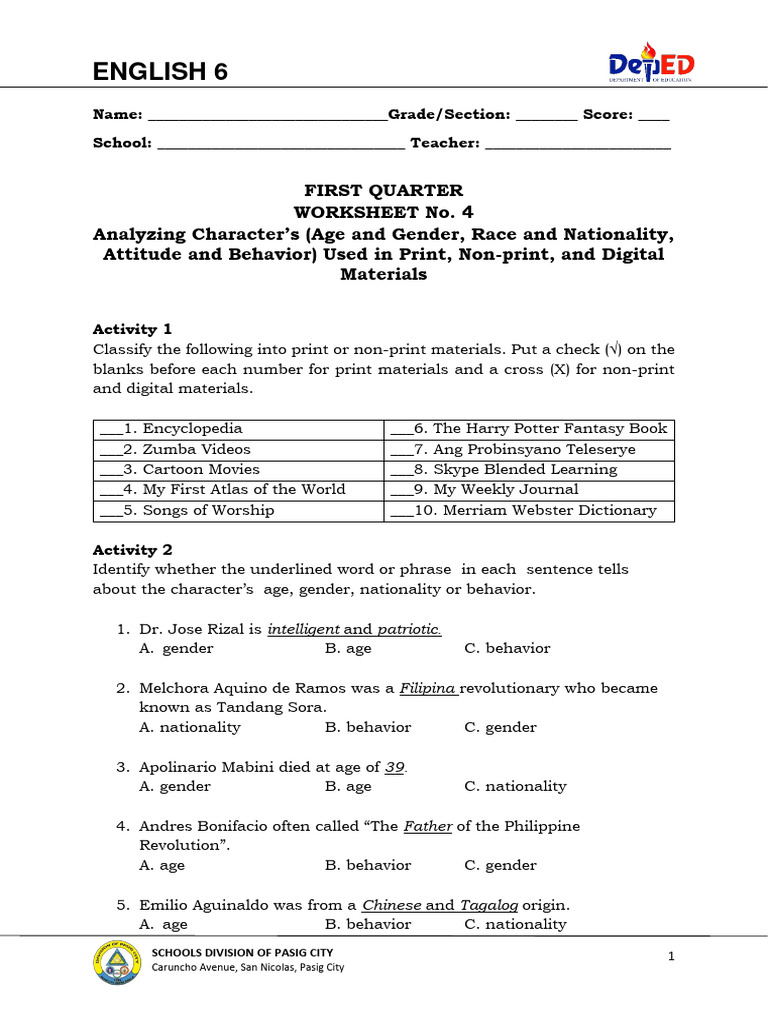 English 6 - Q1 - DW4 | PDF
