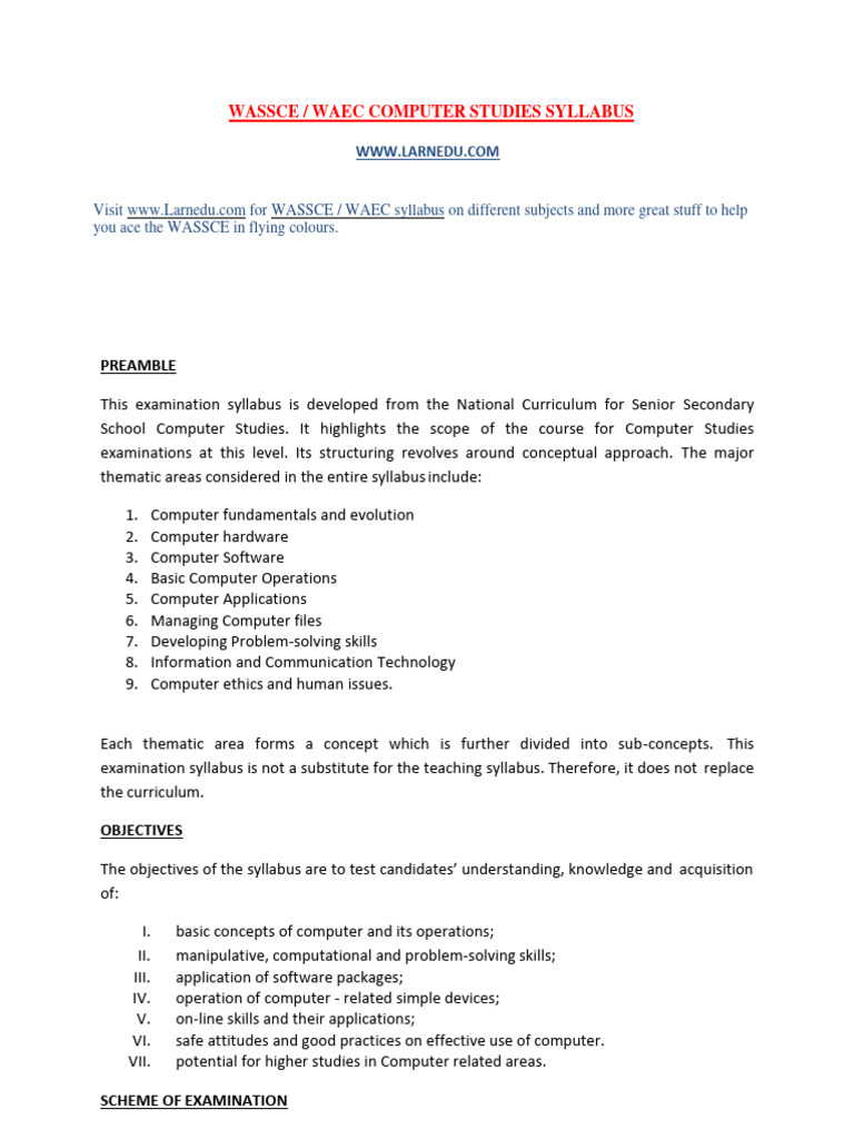 WASSCE WAEC Computer Studies Syllabus | PDF | Computer Data Storage | Computer File