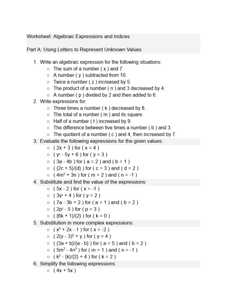 Worksheet - Algebraic Expressions and Indices | PDF | Mathematics ...