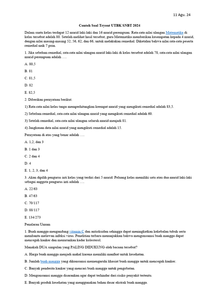 Contoh Soal Tryout UTBK SNBT 2024-1 | PDF