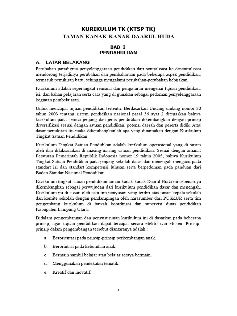 Kurikulum TK Daarul Huda: KTSP 2023 | PDF