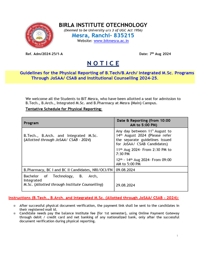 Revised-Guidelines For Candidates Physical Verification For B - Tech ...
