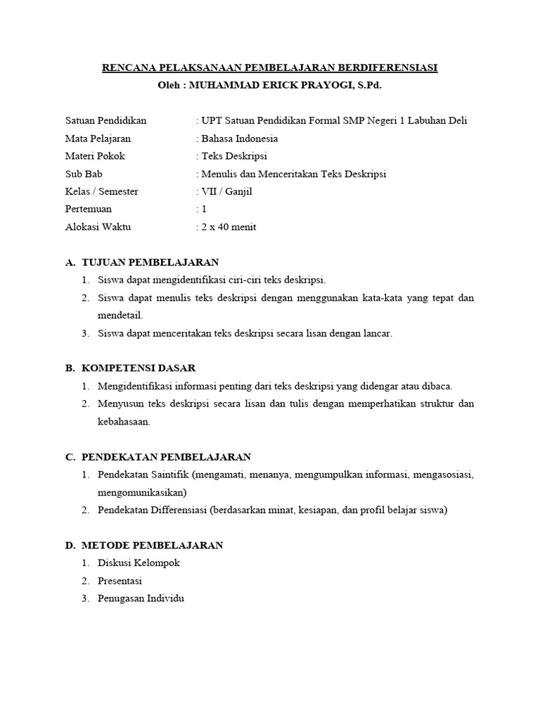 Rencana Pelaksanaan Pembelajaran Berdiferensiasi | PDF