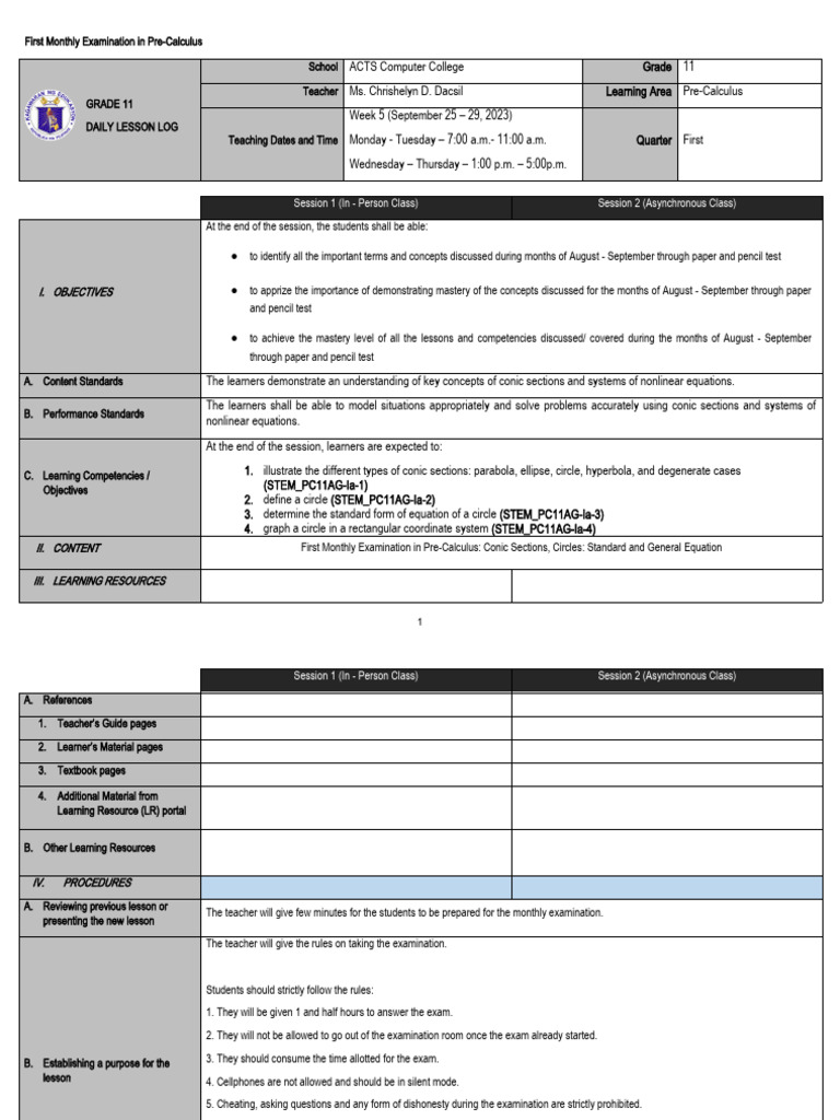 Pre-Calculus (Q1 - W5-Monthly) | PDF | Learning | Behavior Modification
