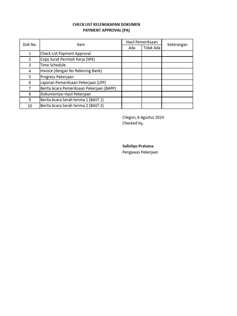 CHECK LIST KELENGKAPAN DOKUMEN Pulogadung-Digabungkan | PDF