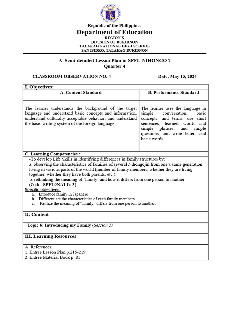 Lesson Plan For COT NIHONGO | PDF | Lesson Plan | Learning