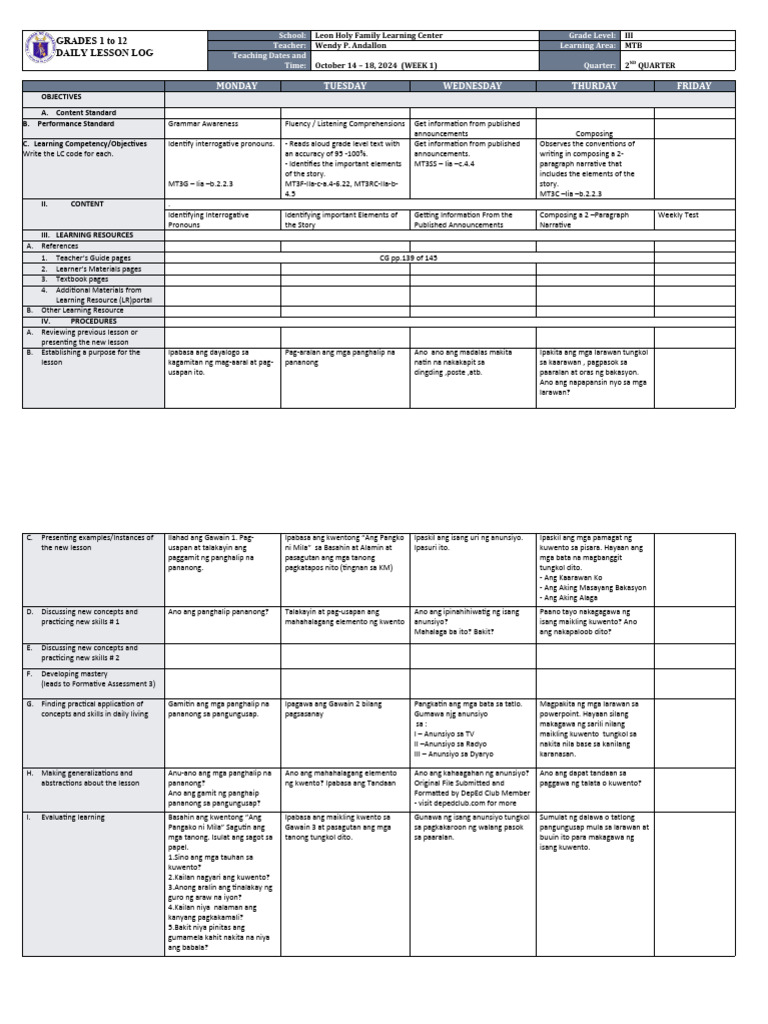 DLL - MTB 3 - Q2 - W1 | PDF