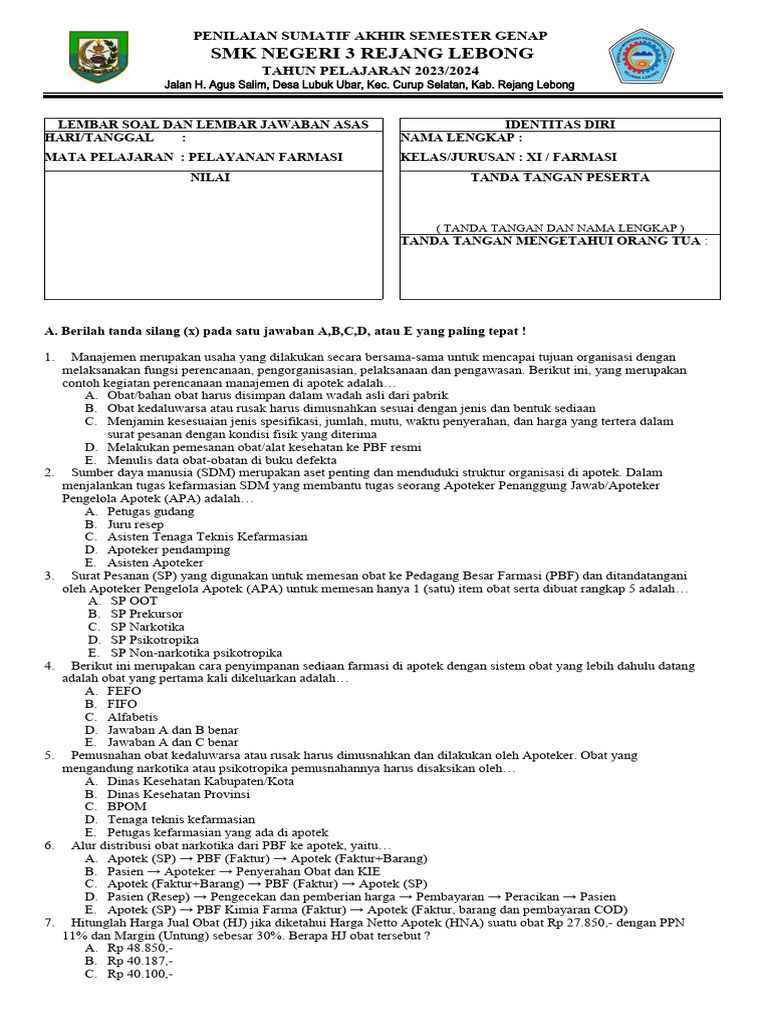 00 Soal Asas Genap 2024 Pelayanan Farmasi Kelas Xi | PDF