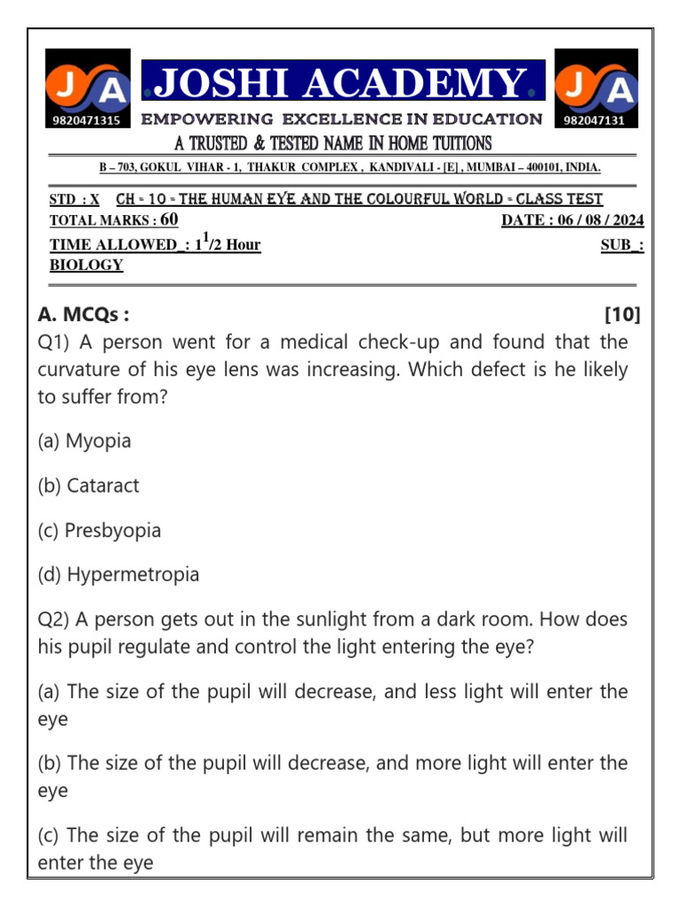 CH - 10 - The Human Eye and The Colourful World - CLASS TEST - 06.08. ...