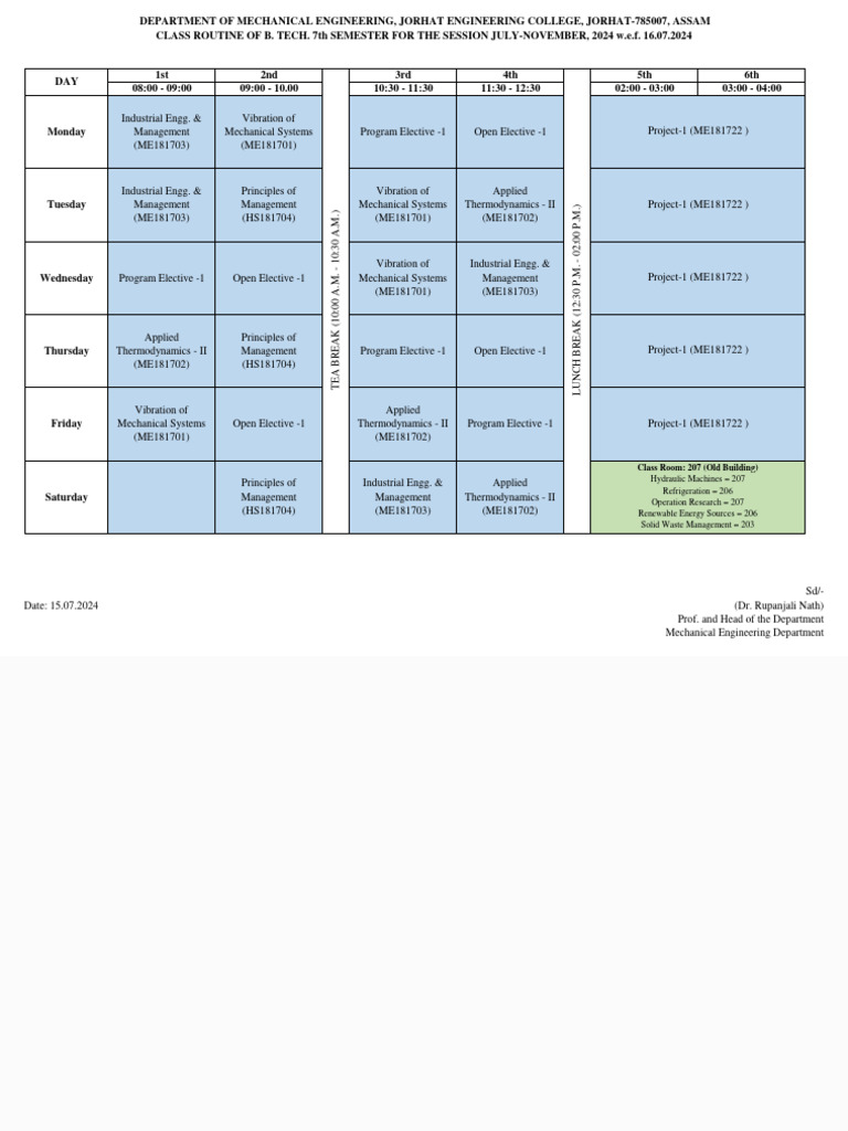 Class Routine of B Tech 7th Semester For The Ses - 240715 - 161906 ...