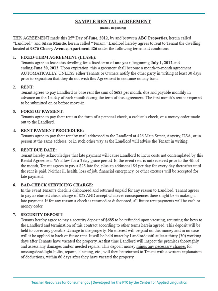 Pdf-1050g-Sample Rental Agreement Basic Beginning Renting An Apartment ...