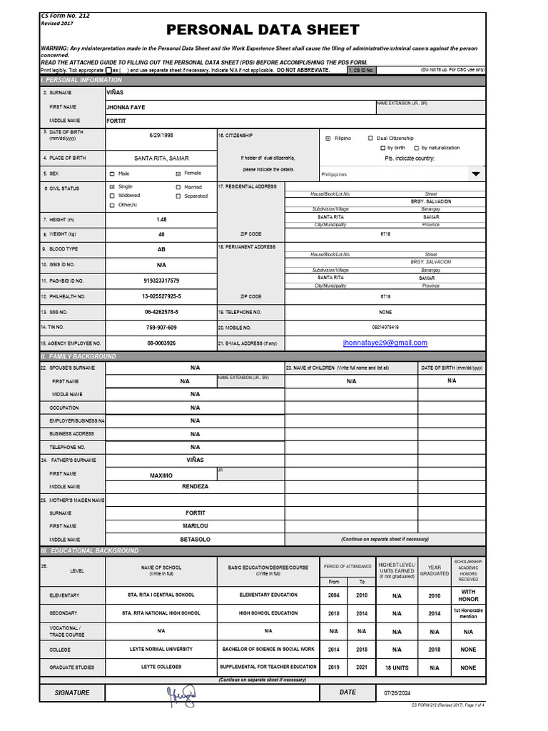 Personal Data Sheet | PDF