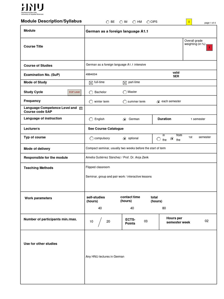German Language A1.1 Course Syllabus | PDF | Cognition | Human ...