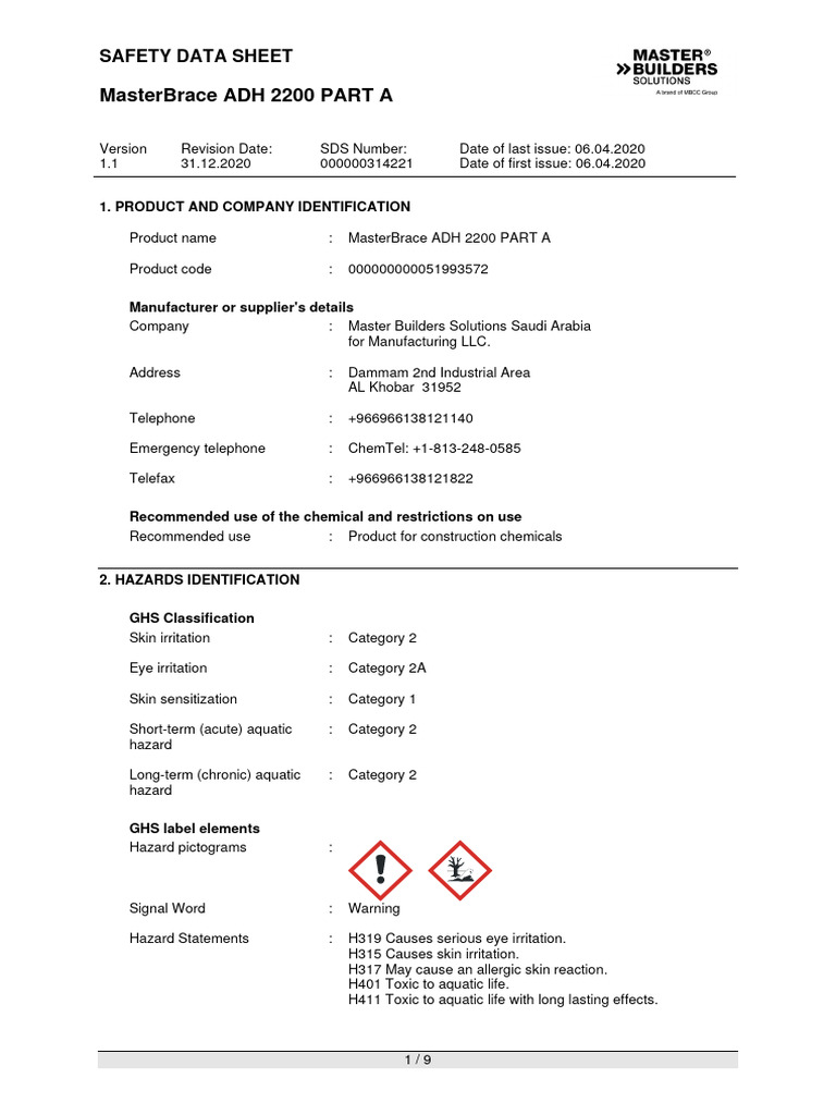 MasterBrace ADH 2200 Safety Data Sheet | PDF | Toxicity | Occupational ...