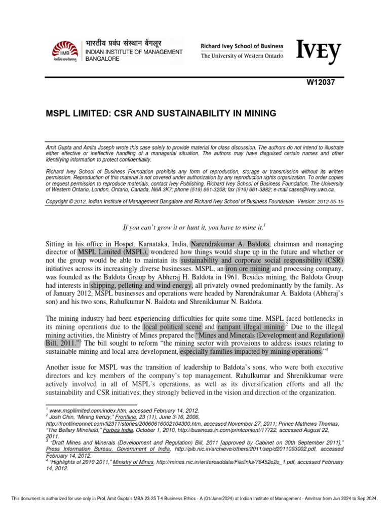 MSPL's CSR Strategies in Mining | PDF | Occupational Safety And Health ...