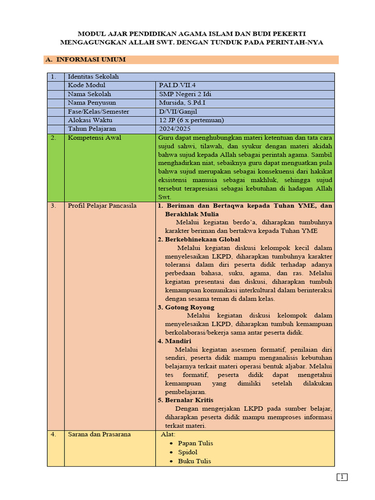 Modul Ajar Kelas 7 PAI - Bab 4 | PDF