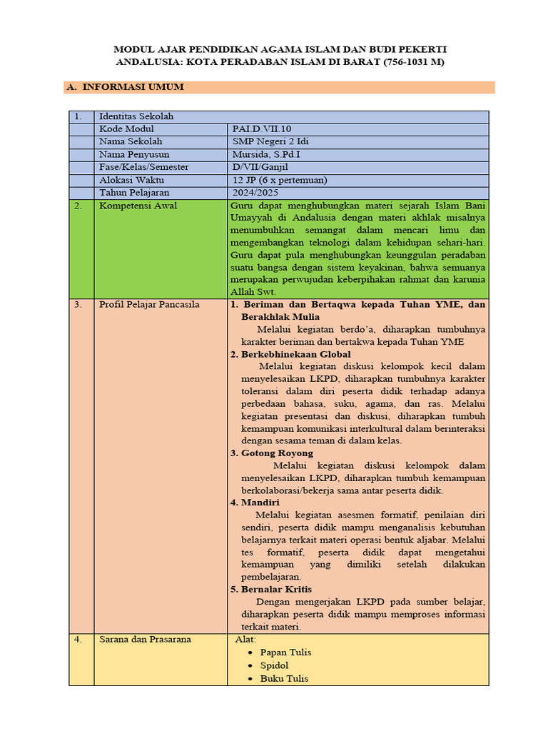 Modul Ajar Kelas 7 PAI - Bab 10 | PDF