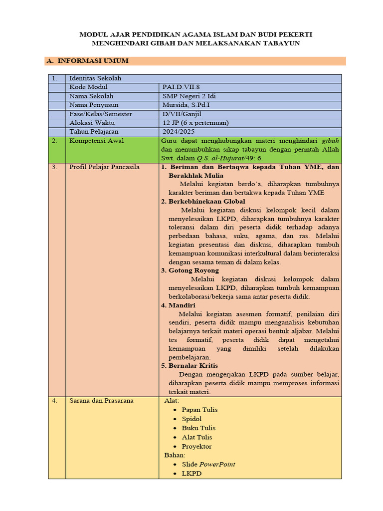 Modul Ajar Kelas 7 PAI - Bab 8 | PDF