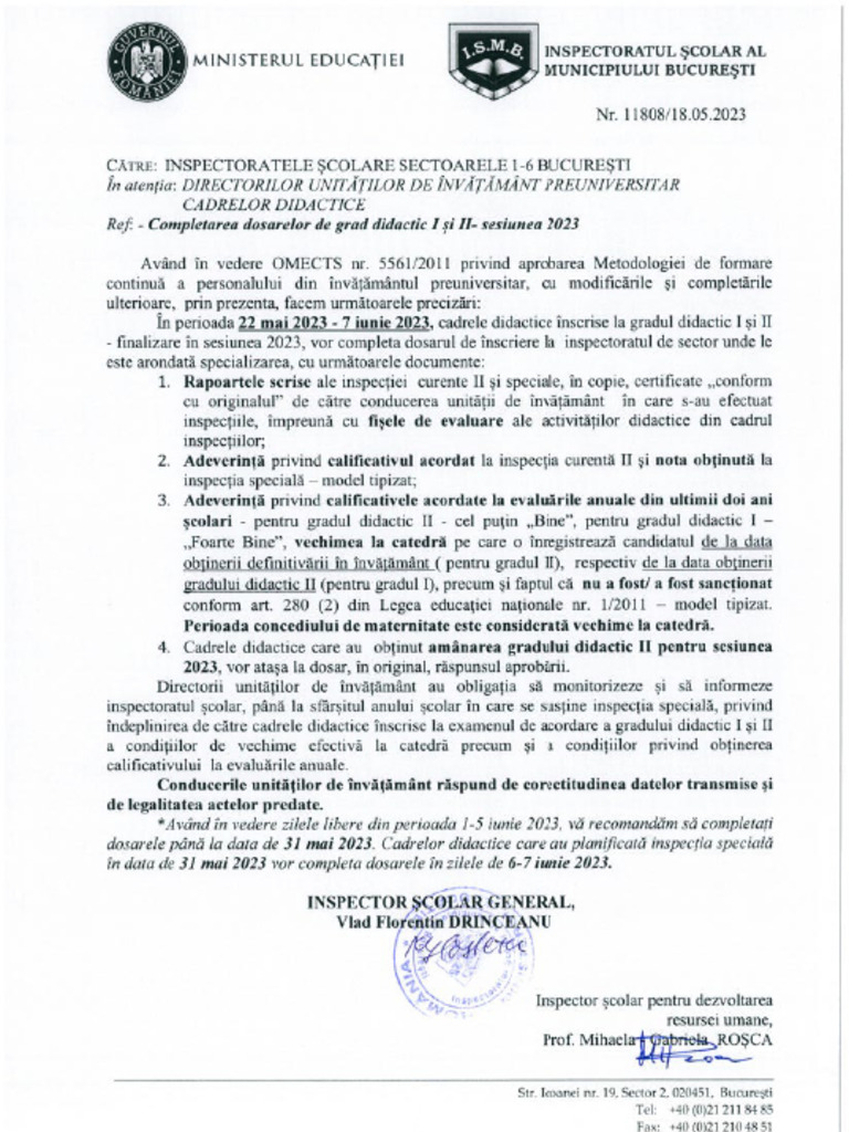 Adresa ISMB Completare Dosare Grade Didactice | PDF