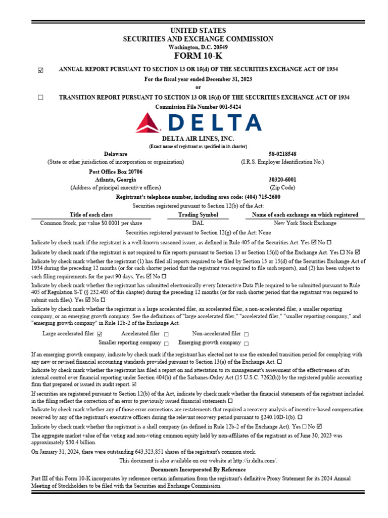 Delta Air Lines 2023 Annual Report | PDF | Airlines | Oil Refinery