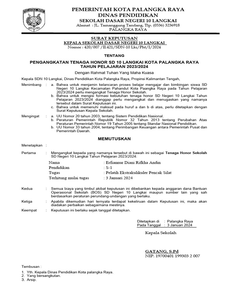 SK Honor Pelatih Ekskul 2024 | PDF