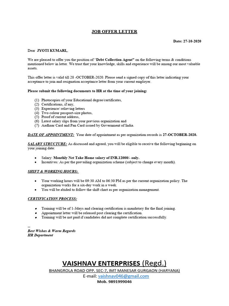 Offer Letter - Jyoti Kumari | PDF | Labor | Business