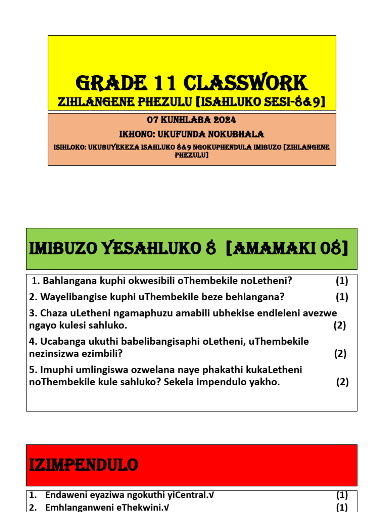 Grade 11 Classwork 07.05.24 Isahluko 8 No 9 Zihalangene Phezulu | PDF
